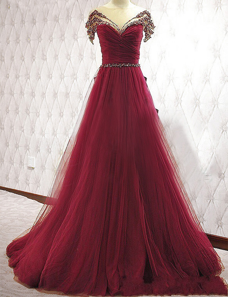 Ruby Beading Long Prom Dress, Full Back Prom Dress, Tulle Prom Dress ...